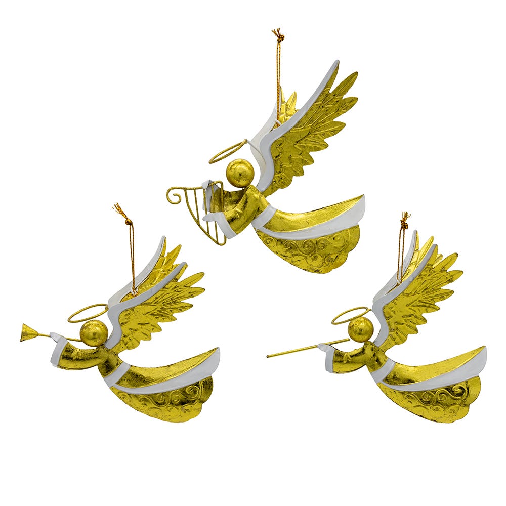 Gold Flying Angel With Instrument Ornament, set of 3 Assorted ...