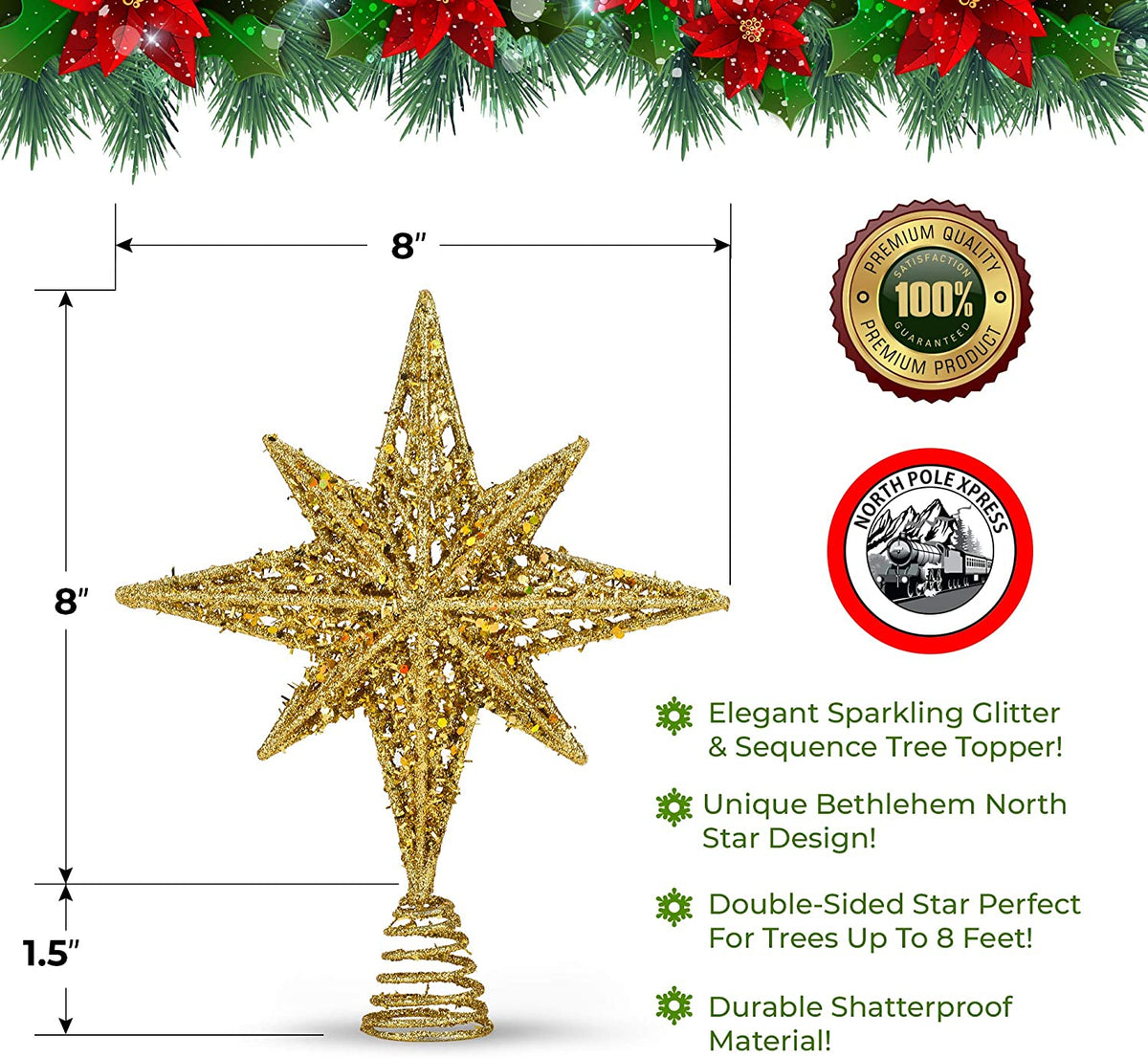 8" Bethlehem Glitter Gold Star Christmas Tree Topper Ornament ...